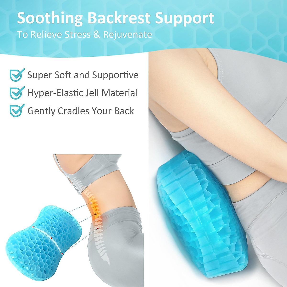 Sunlit Bath Jello Gel Bath Pillows, Lumbar Pillow for Bathtub, Back Support Pillow, Gel Pillow with Non-Slip Suction Cups for Lumbar, Back Rest Support, Fits Curved or Straight Back Tubs, Aqua