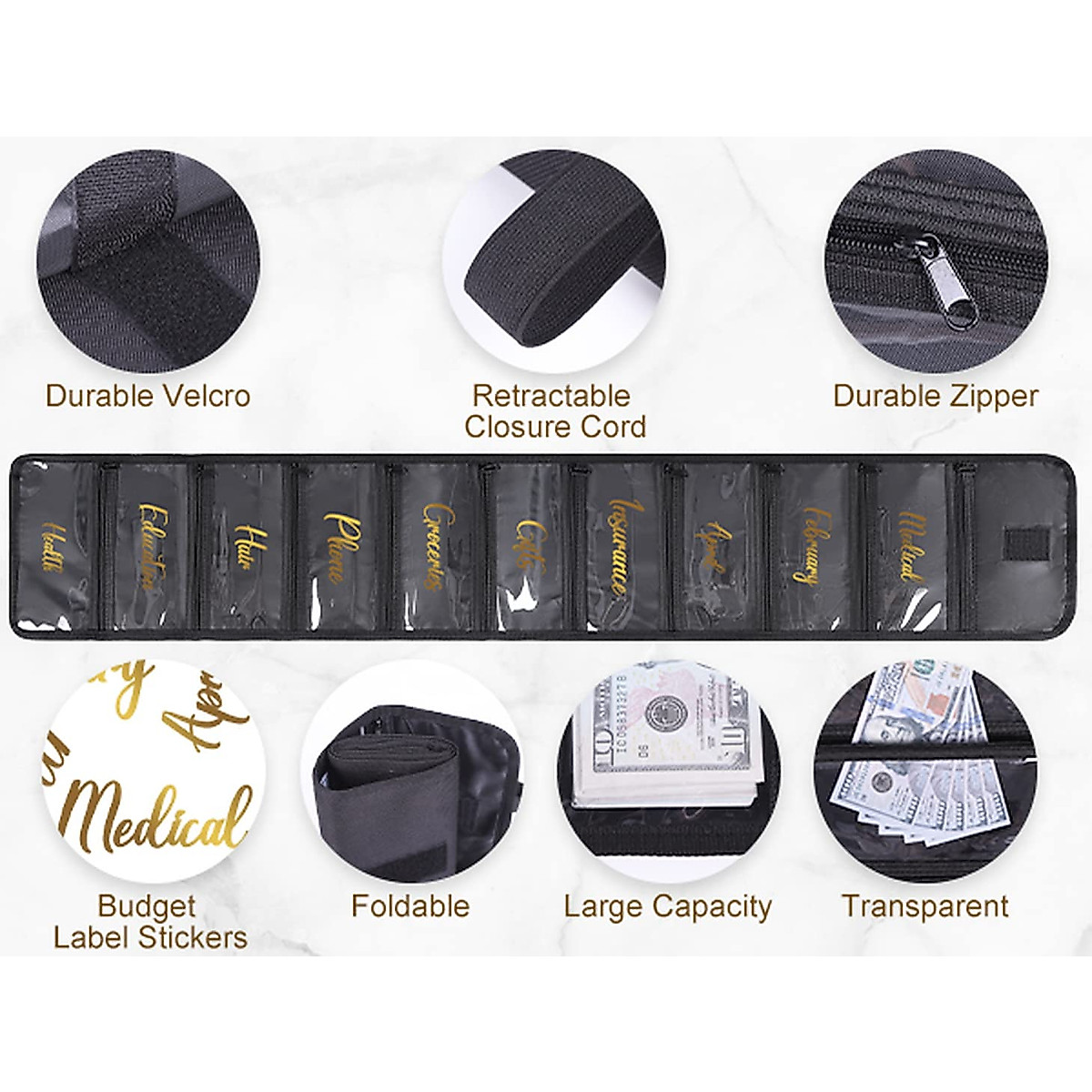 Money Wallet, Money Organizer for Cash with 10 Zippered Pocket, Large Capacity Money Pouch, Money Bag, Unisex Budget Wallet,Cash Bag with 60 Sticker Labels, Money Holder for Budgeting,Receipt and Tips