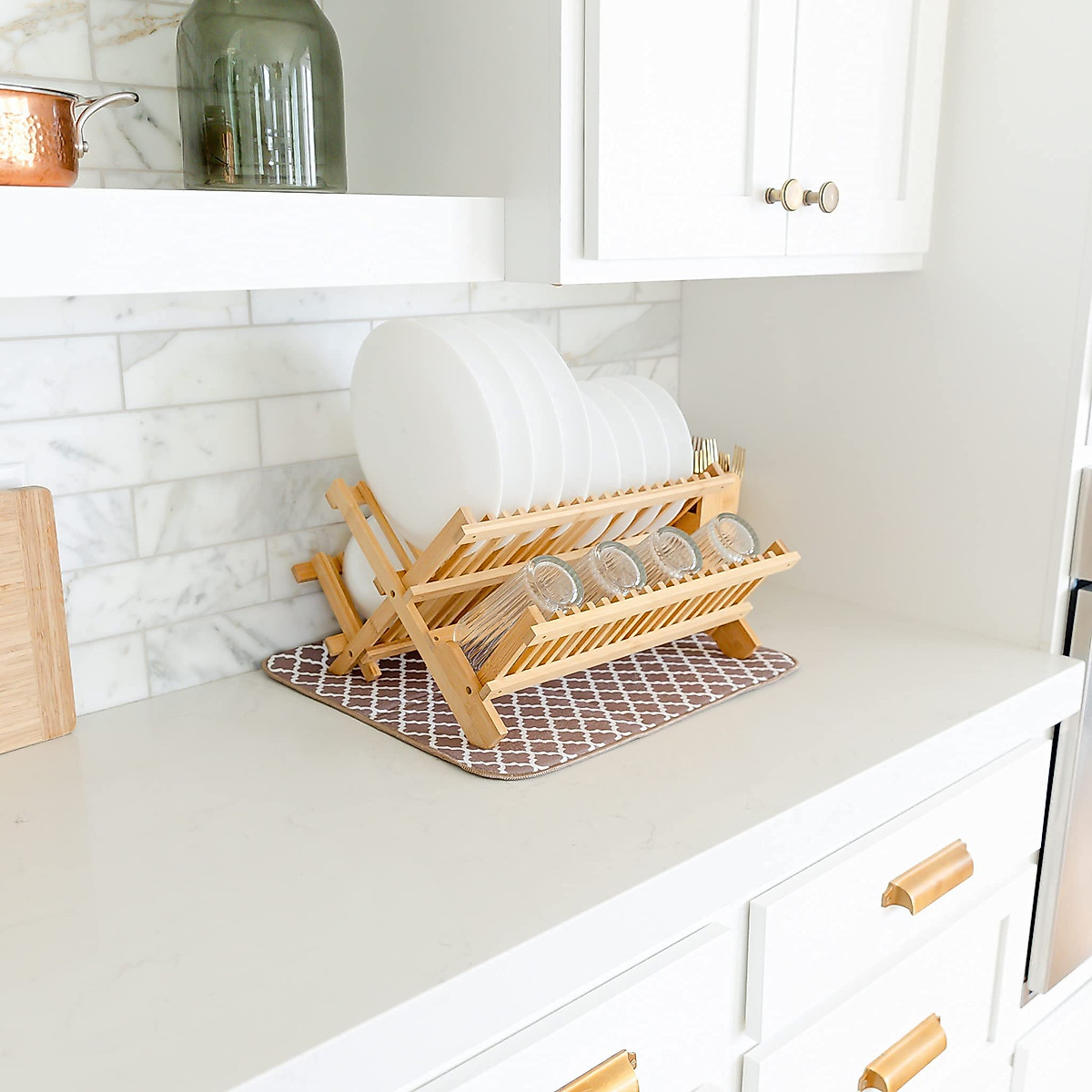 All-in-1 Bamboo Dish Drying Rack Set with Utensil Holder and Microfiber Drying Mat Large Collapsible 3 Tier Wooden Dish Drying Rack Bamboo Utensil Drying Rack and 15" Dish Drying Mat.