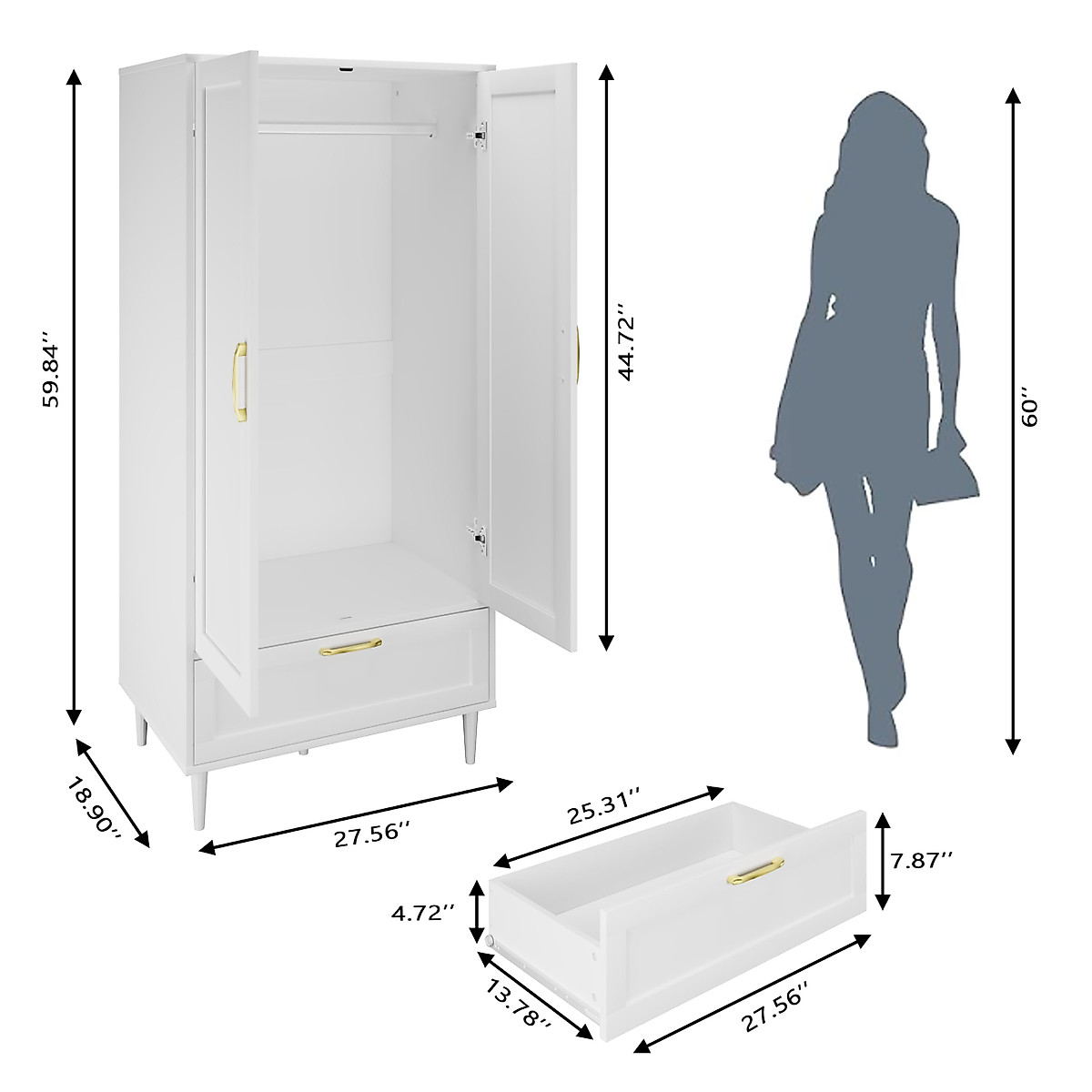 Gyger Wardrobe Closet with Drawer, Armoires and Wardrobes with Shelves and Hanging Rail,Freestanding Wooden Wardrobe Cabinet for Bedroom,White
