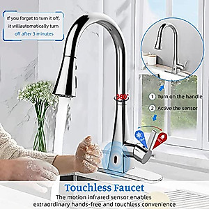 Touchless Kitchen Faucet with Pull Down Sprayer, ANBSR Motion Sensor Automatic Kitchen Sink Faucet Pull Out Sprayer Single Handle 3 Hole 3 Setting Polished Chrome Stainless Steel Kitchen Faucet