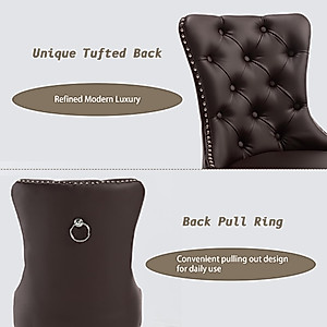 KCC Faux Leather Dining Chairs Set of 4, Upholstered High-end Tufted Dining Room Chair with Nailhead Back Ring Pull Trim Solid Wood Legs, Contemporary Nikki Collection Modern Style for Kitchen, Brown