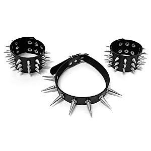 Tosmifairy Soft Faux Leather Choker Collar with Spiked,Punk Rock Necklace and Bracelets Emo Jewelry Set for Women Men Cosplay
