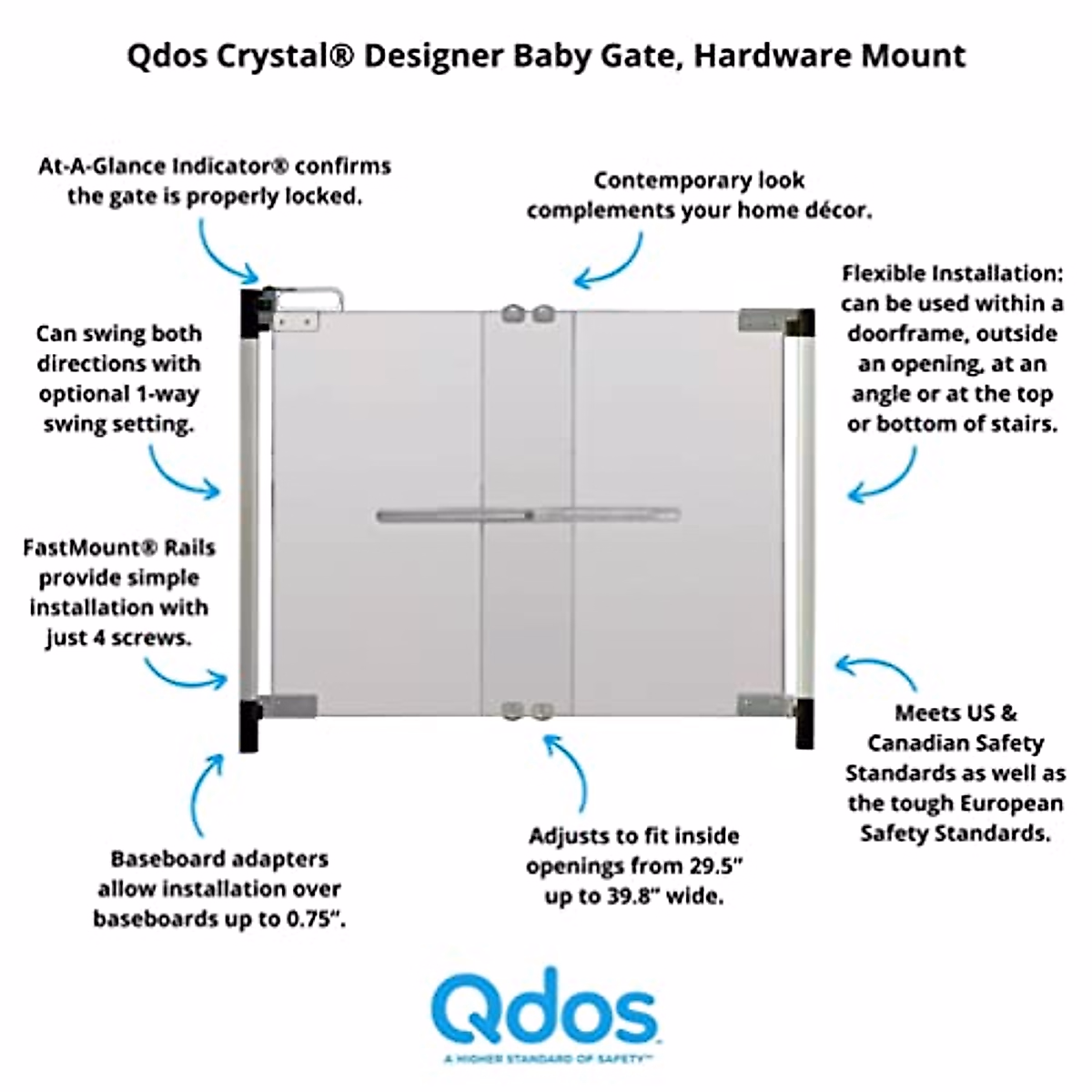 Qdos Crystal Designer Baby Safety Gate - Meets Tougher European Standards - Modern Design and Unparalleled Safety - Beauty & Safety Together at Last - Simple Installation | Hardware Mount
