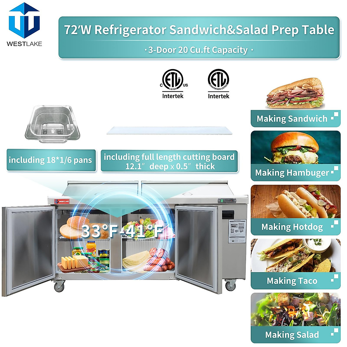 WESTLAKE 72" W 3 Door Refrigerator Sandwich&Salad Prep Table Commercial Stainless Steel Counter Fan Cooling Refrigerator with 18 pans-72 Inches for Restaurant, Bar, Shop, etc