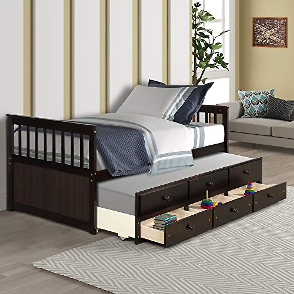 UBGO 3-in-1 Twin Sofa Bed, Wooden Furniture Set with Rollers and 3 Storage Drawers, Captain Sofa Bed Frame for Boys Girls Small Space Bedrooms, Espresso