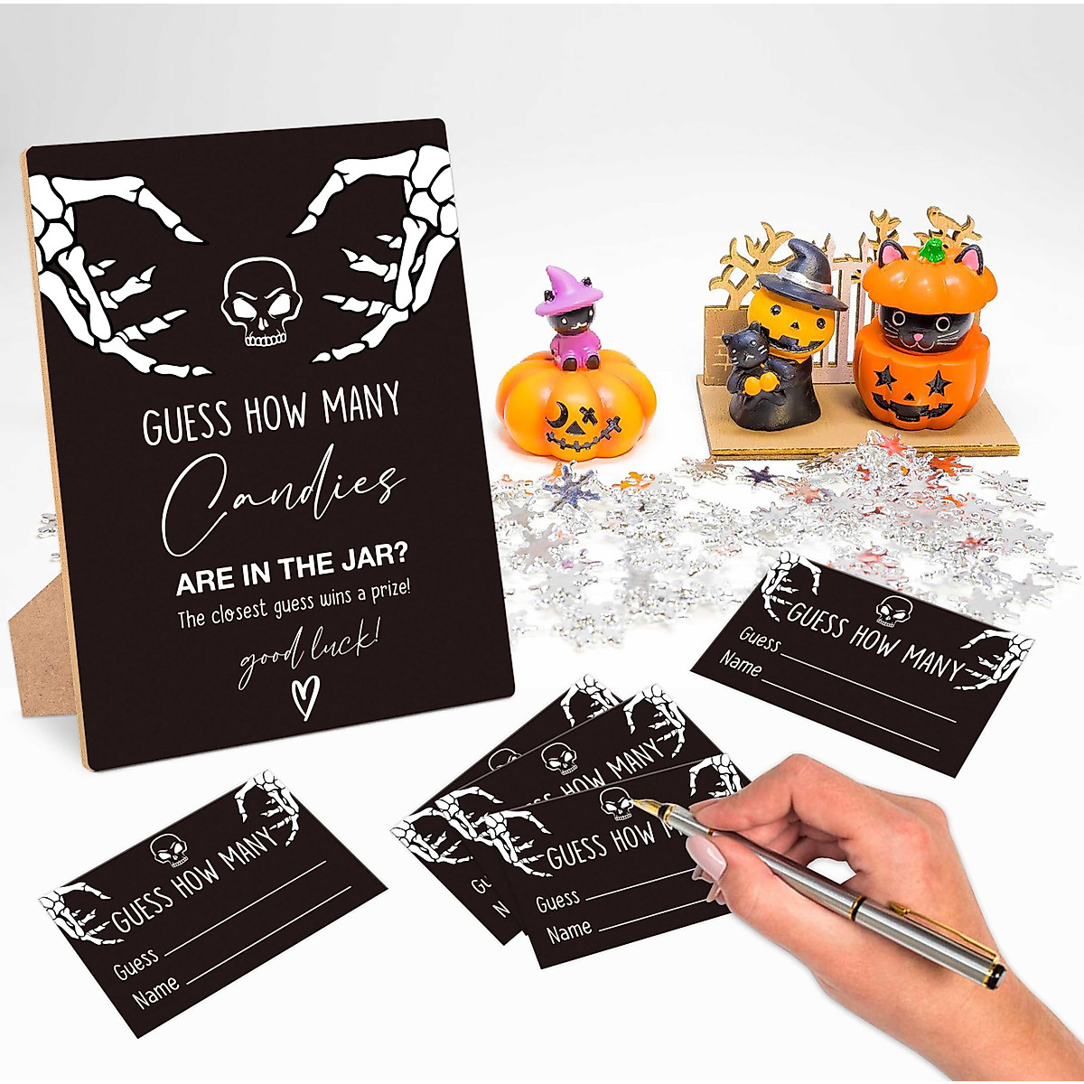 Halloween Guess How Many Candies Are In The Jar Game, Pack of 1 Wooden Tabletop Sign with Stand and 50 Guessing Cards, Black Gothic Baby Shower Game, Gender Reveal Party Decorations - WV03