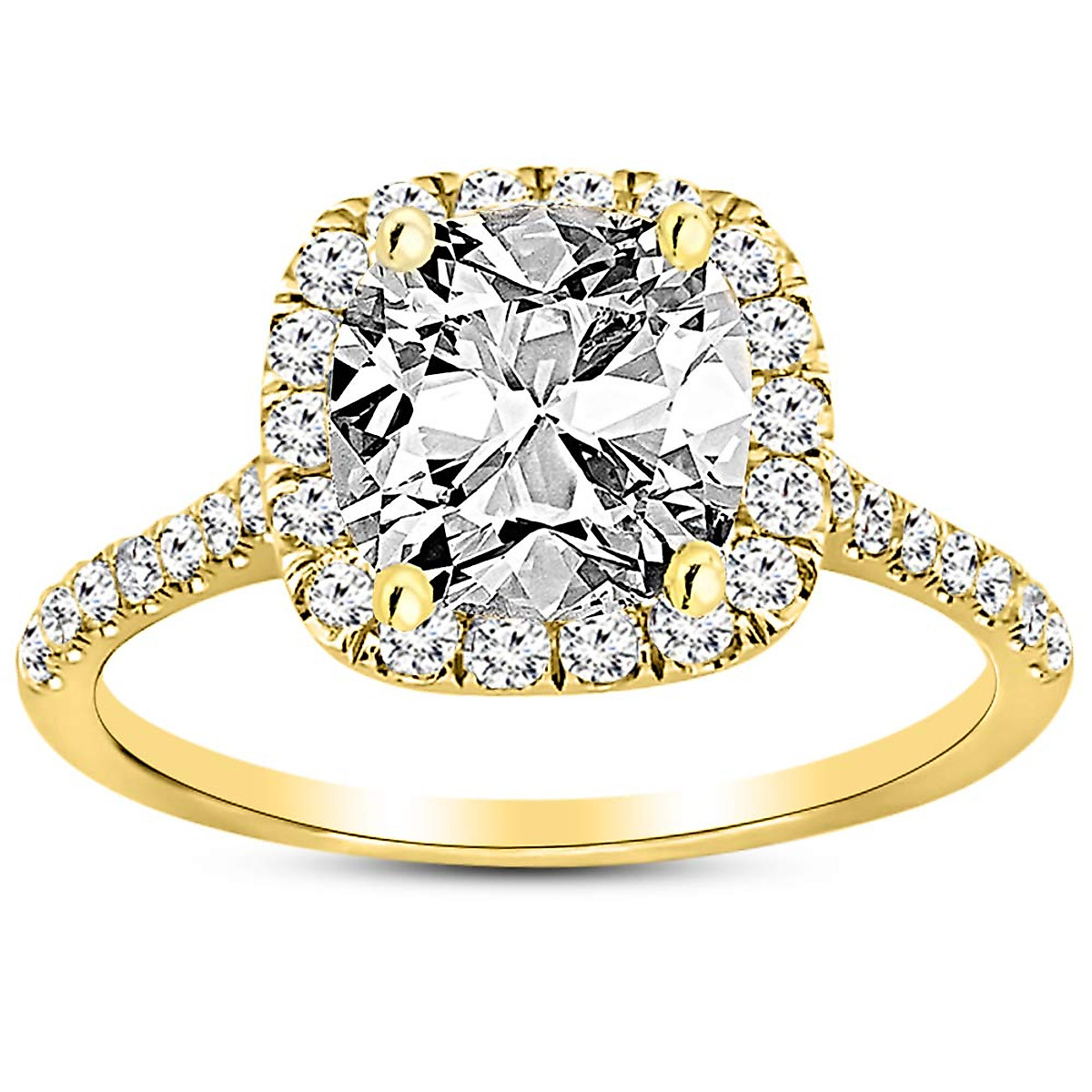 Houston Diamond District 14K Yellow Gold 3 Carat LAB GROWN DIAMOND Halo Cushion Cut Diamond Engagement Ring (G-H Color VS1-VS2 Clarity 2.5 Ct Center) Size 9