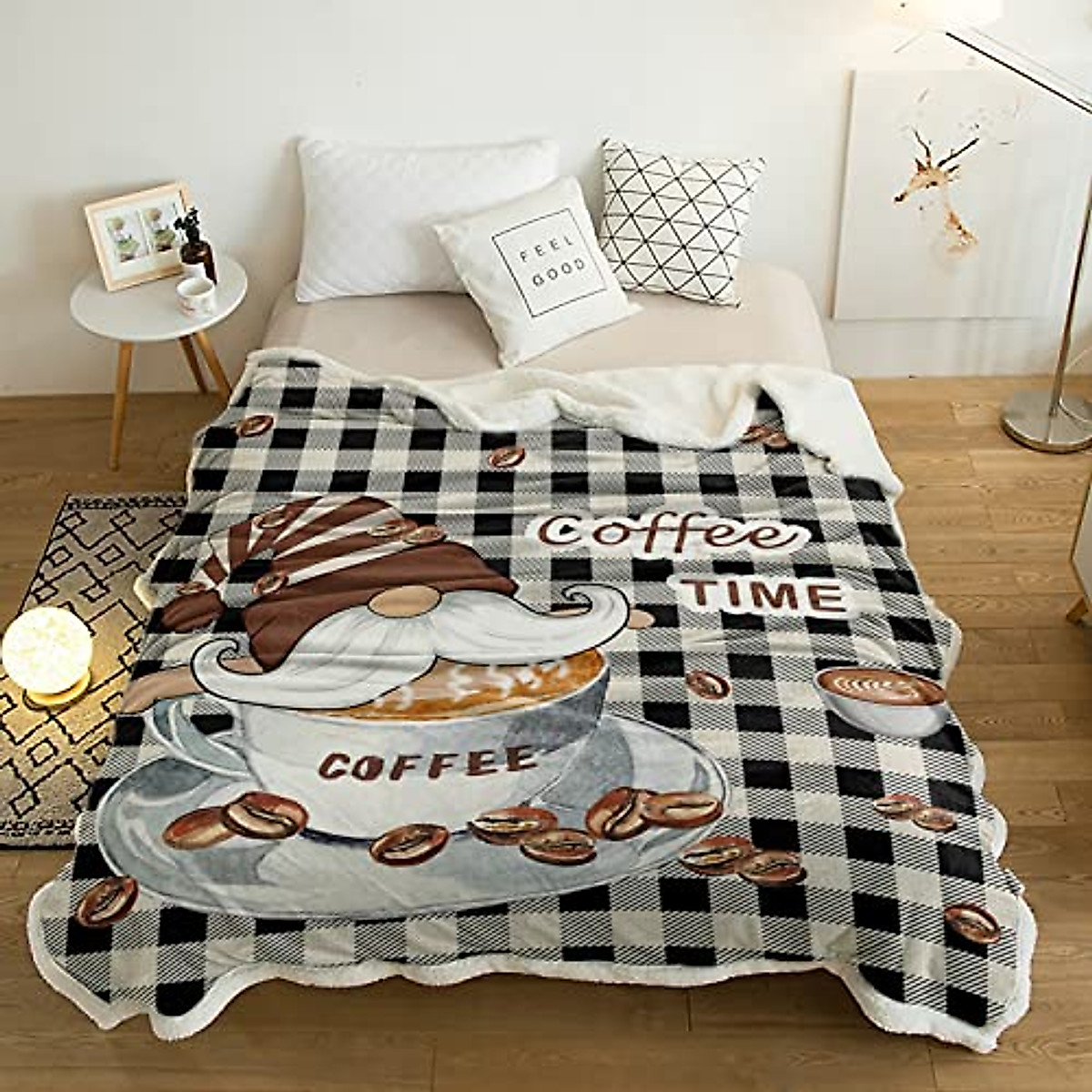 Sherpa Fleece Throw Blanket,Coffee Gnome Black Checker Retro Linen Soft Reversible Flannel Throws for Couch Sofa Bed,Dwarf Espresso Warm Cozy Blankets for Travel,Camping,Home Decor 40x50In