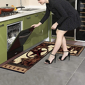 Western Kitchen Rugs and Mats Set of 2, Non-Skid Soft Absorbent Texas Star Kitchen Mats Set for Floor, Rustic Farmhouse Comfort Runner Rug Carpets for Sink, Laundry, Hallway, Dinning Room, Office