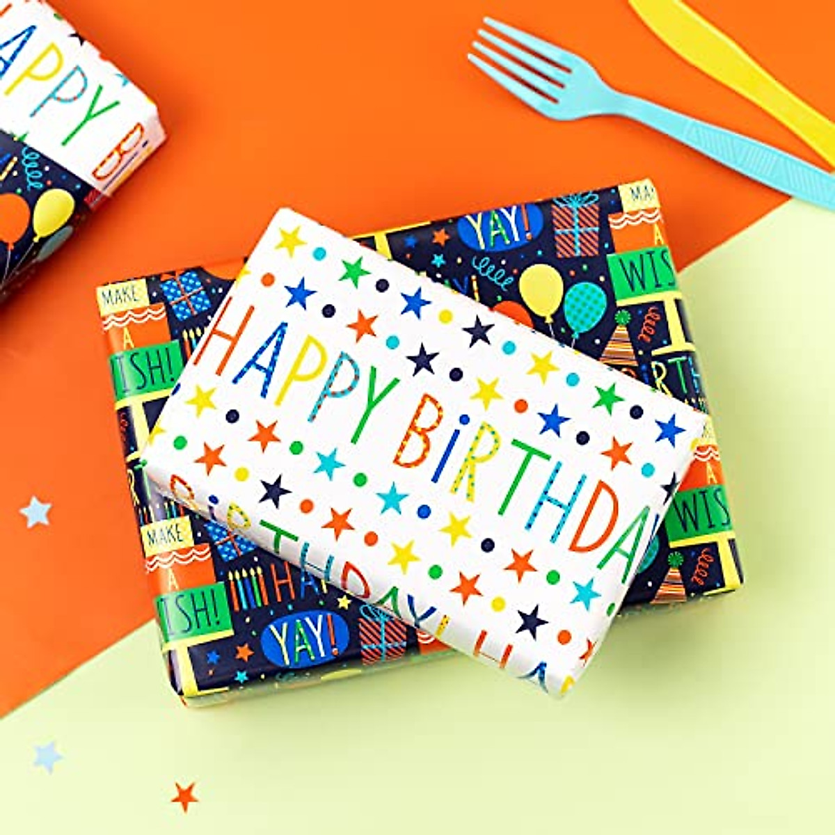 MAYPLUSS Reversible Wrapping Paper Roll - Mini Roll - 17 Inch X 32.8 Feet - Birthday Design (47.3 sq.ft.ttl)