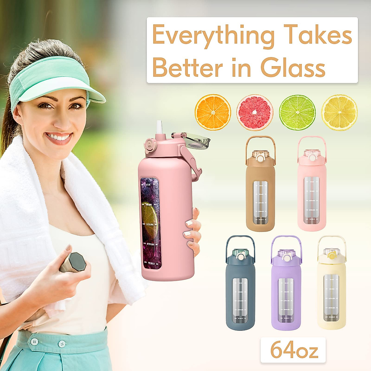 Zukro 64 oz Glass Water Bottle, Motivational Reusable Large Half Gallon Reusable Water Jug With Handle and Straw, Silicone Sleeve for Sport, Gym and Workout, Time Marker Reminder Quotes to Drink