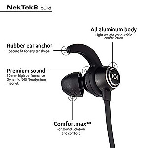 NVX NekTek2 Behind-The-Neck Bluetooth Wireless Headphones - 10 Hour Playback Time - ComfortMax Memory Foam Tips - Fast 40 Minute Charge Time - Built-in Microphone