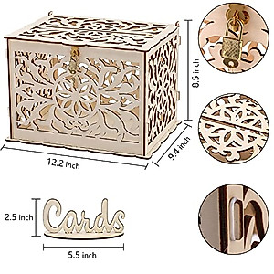 Lawei Wedding Card Box with Lock and Card Sign, Rustic Wooden Card Box, DIY Envelop Gift Money Box Holder, Large Hollow Envelope Box for Wedding Reception, Baby Shower, Birthday, Graduation, Yellow