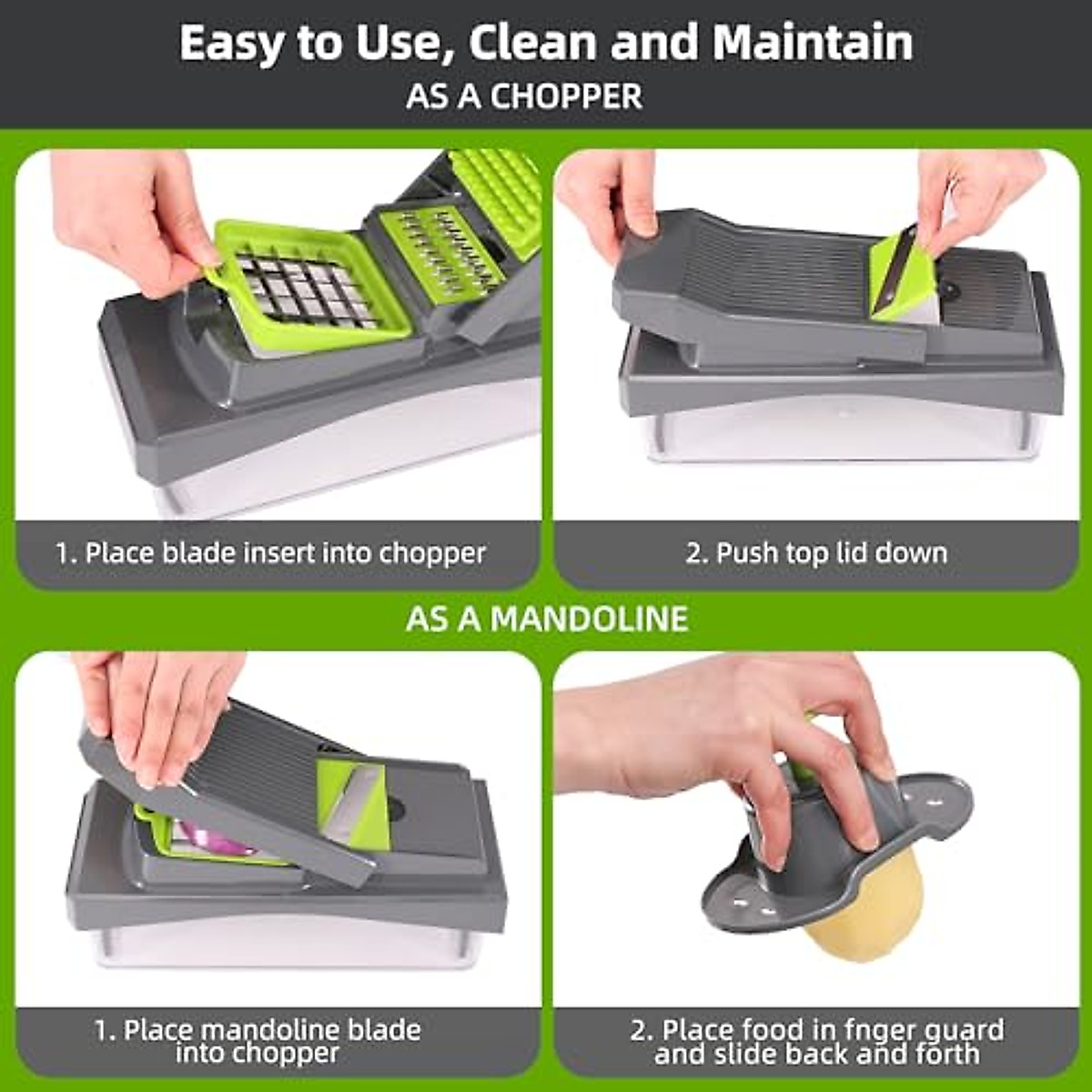 RüK Vegetable Chopper, Cheese Slicer, Food Chopper, Veggie Chopper, Onion Chopper, Salad Chopper, Mandoline Slicer & Cheese Grater, Vegetable Chopper with Container, (10 in 1 - Gray)
