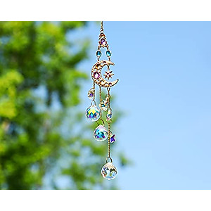 Handmade Crystal Moon&Star Prisms Suncatchers, Glass Window Hanging Ornament, Rainbow Rhinestones Decor for Home Garden