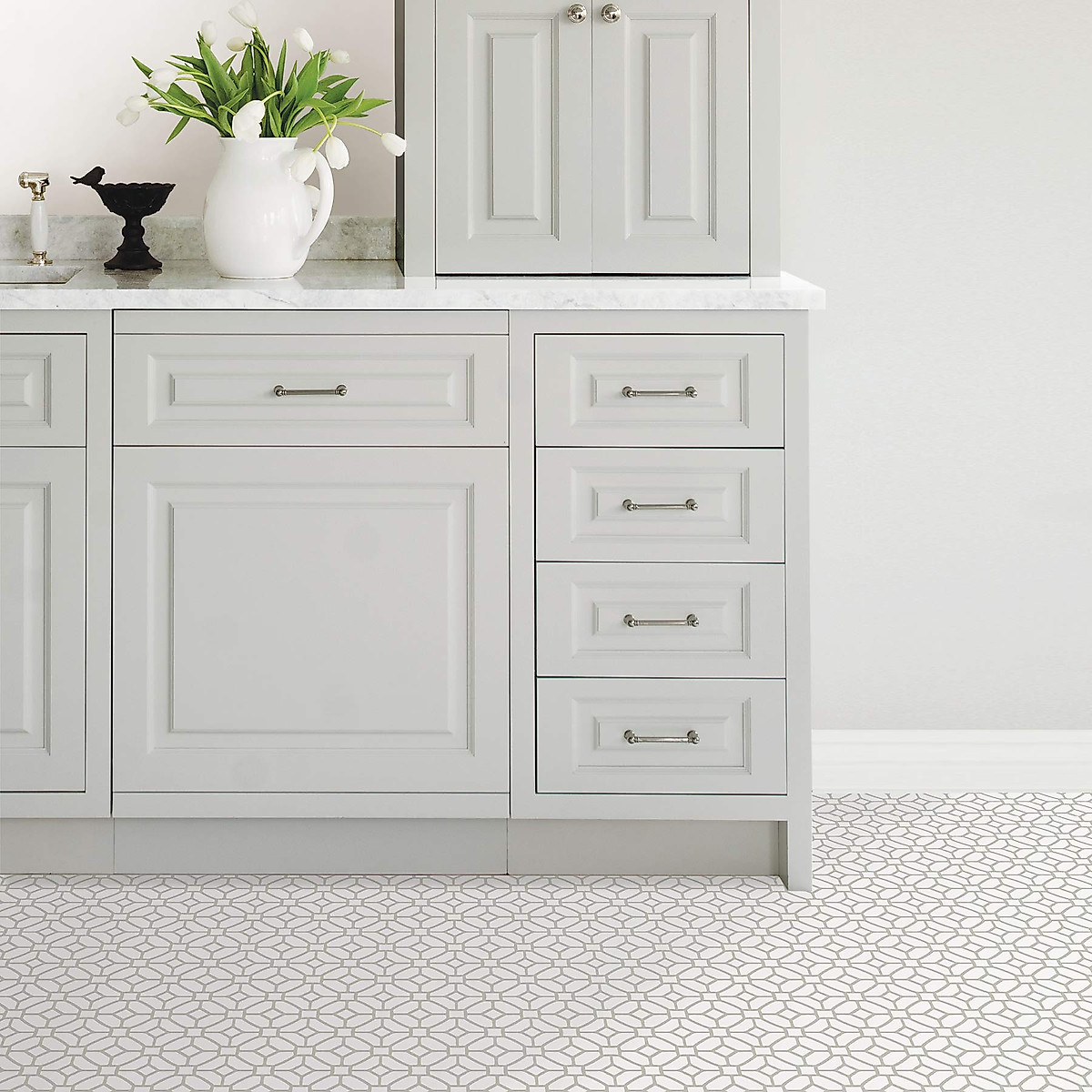 FloorPops FP2946 Lattice Peel Stick Floor Tiles, White & Off-White