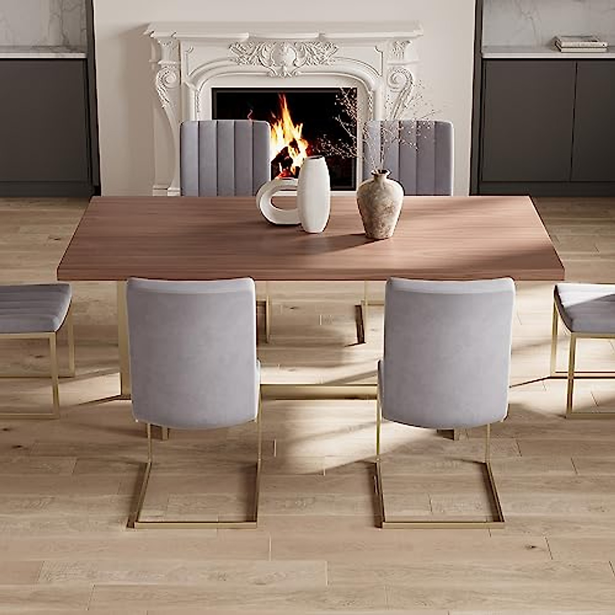 FDFK 5 Piece Kitchen Dining Room Table Set with 1 Walnut Veneer Top Rectangle Dining Table and Dining Chairs Set of 4 for Dining Room,Restaurant(Gray)