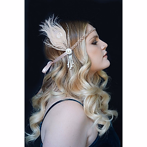 SWEETV 1920s Headpiece Flapper Headband, Pearl Peacock Feather Hair Band, Great Gatsby Accessoreis for Women, Blush Pink