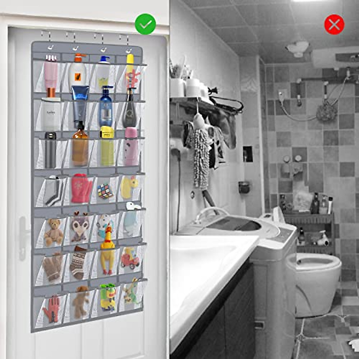 smellshark Hanging Shoe Rack Holder with 28 Extra Large Mesh Pockets Door Shoe Organizer with 4 Metal Hooks for Men,Women,Kids Storage Shoes,High Heels,Slippers,Accessories,Toiletries, Grey