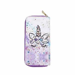 Suillty Cute Unicorn PU Leather Zip Around Long Wallet Cluth Travel Purse for Women Gilrs Ladies