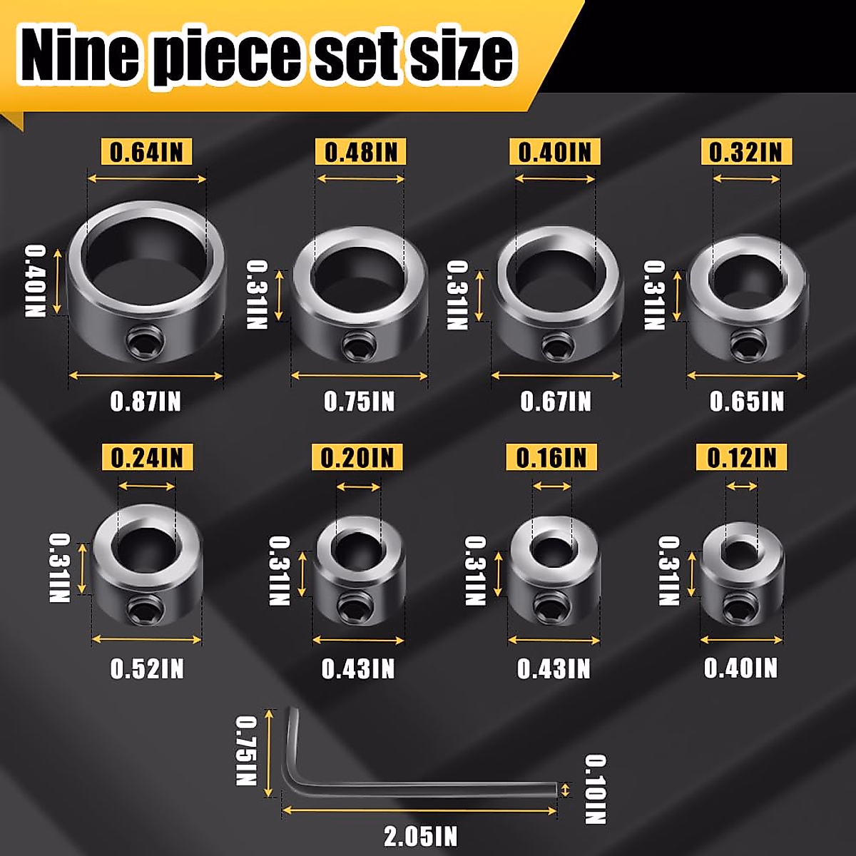 Depth Stop Drill Bit,Stop Collar Set Includes 1/8”, 3/16”, 1/4”, 5/16”, 3/8”, 7/16”, 1/2”, 5/8”and Allen Wrench(9Pcs), Premium High Carbon Steel Drill Bit Positioning Ring Split Ring- Tiosamd