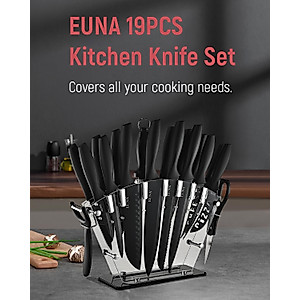 EUNA Kitchen Knife Set, 19 PCS Black Knife Set with Acrylic Block and Sharpener, German High-Carbon Stainless Steel Knife Sets with 6 Serrated Steak Knives, Bread Knife, Chef Knife, Dishwasher Safe