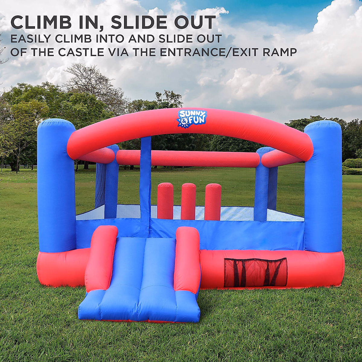 Sunny & Fun Inflatable Bounce House | Giant 12x10.5 Feet Blow-Up Jump Bouncy Castle for Kids with Air Blower, Stakes & Repair Kit | Easy Set Up for Hours of Backyard Play & Party Fun | Ages 3-10