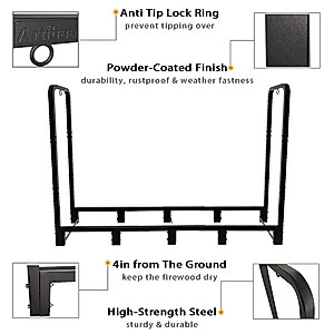 Artibear 8ft Outdoor Firewood Rack, Upgraded Heavy Duty Logs Stand Stacker Holder for Fireplace - Metal Lumber Storage Carrier Organizer, Bright Black