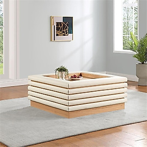 Meridian Furniture 210Cream-CT Rory Collection Modern | Contemporary Upholstered Coffee Table, Soft Cream Vegan Leather, Natural Finish Oak Veneer, Deep Channel Tufting, 39" W x 39" D x 16" H, Cream