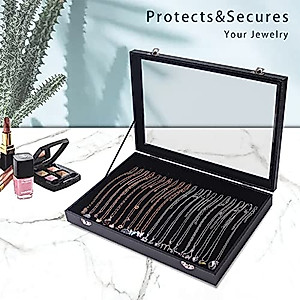 ByKen Jewelry Glass lid 20 Hooks Necklace Organizer Box,Necklace Tray,Necklace Display Box,Chains Showcase Storage Boxes for Show Stackable (Black Velvet)