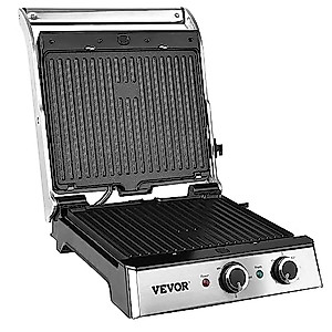 VEVOR Electric Contact Grills, 1500W Indoor Countertop Panini Press Griddle, Sandwich Maker with Non Stick,2 Reversible Iron Cooking Plates,0-446℉ Adjustable Temperature Control,Timer Function,120V