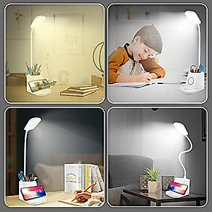 LED Desk Lamp with Wireless Charger and Organizer,Home Office Touch Reading Lamp with Pen Holder/Storage,Stepless Dimming 3 Color Modes,360°Flexible Gooseneck Eye Caring Desk Light-Study/College Dorm