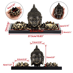 OwnMy Buddha Head Sculpture Statue with 2 Lotus Tealight Candle Holders 1 Wooden Display Tray Decor Stones, Buddha Meditation Votive Candle Holder Candle Stands for Home Decor Table Zen Garden Decor