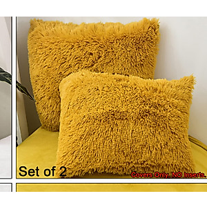 MorroMorn Shaggy Throw Pillow Covers, Luxury Long Faux Fur Decorative Pillows Shams, Square Pillow Cases Set, Pack of 2 Cushion Cover for Bed Couch Soft Fluffy Shaggy Room Decor (Mustard Yellow)