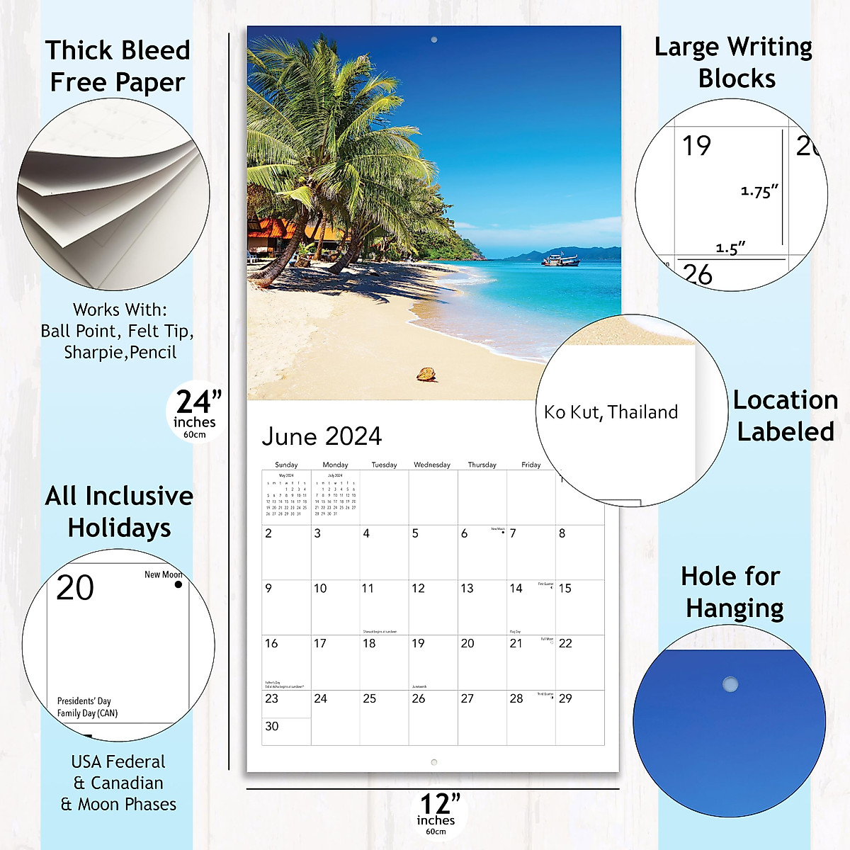 Tropical Beaches 2024 Hangable Wall Calendar - 12" x 24" Open - Sturdy & Thick Large Full Page 16 Months & Travel Vacation Beach Paradise Photography Photo Gift- Organizing & Planning - Includes 2023