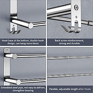 BIGLUFU Stretchable 17-31 Inches Double Bath Towel Bar Bathroom Towel Rack Hooks Kitchen Hand Towel Holder Dish Cloths Hanger SUS304 Stainless Steel Wall Mounted No Drill Space Saving 2-Bar Silver