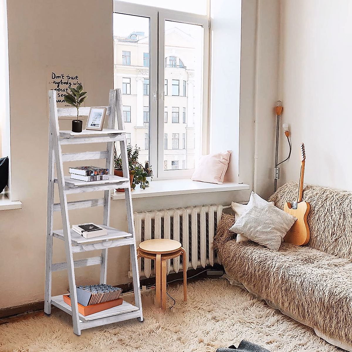 ECOMEX 4 Tier Foldable Bookshelf Storage Rack for Home Bedroom Office, Paint White