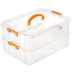 Yesland Large 2 Layer Stack & Carry Box,13.75 x 10 x 7.5 Inch Plastic Multipurpose Stackable Craft Storage Box Container with Orange Handle, Portable Organizer Box for Stationery, Sewing, Art Craft