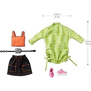 Barbie Fashions 2-Pack Clothing Set, 2 Outfits Doll Includes Green Sweatshirt Dress, Orange Sleeveless Top & Black Skirt & 2 Accessories, Gift for Kids 3 to 8 Years Old