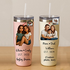 Custom Photo 3d Cartoon Tumbler 40 Oz For Besties, Upload Your Image, Customize Name Date, Gift For Bestfriend, Friend, Class Mate, Sister, Birthday, Lid And Straw, Coffee Mug With Handle