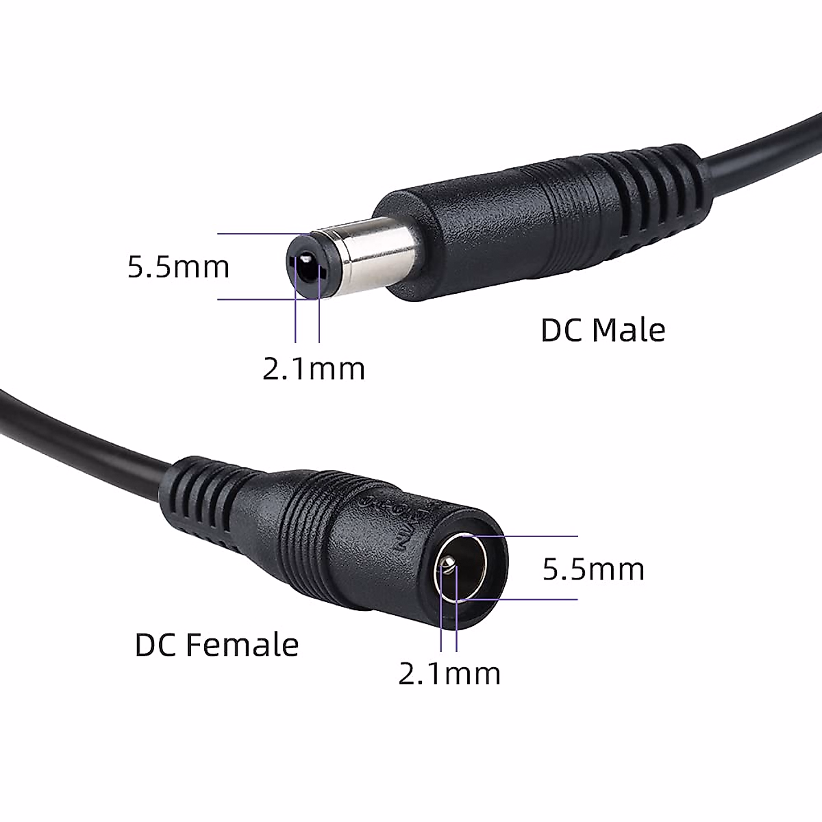 Power Extension Cable 2-Pack 33Feet 5.5mm x 2.1mm 12 Volt Male to Female Plug Cord for CCTV IP Security Camera DVRs and More Devices Black
