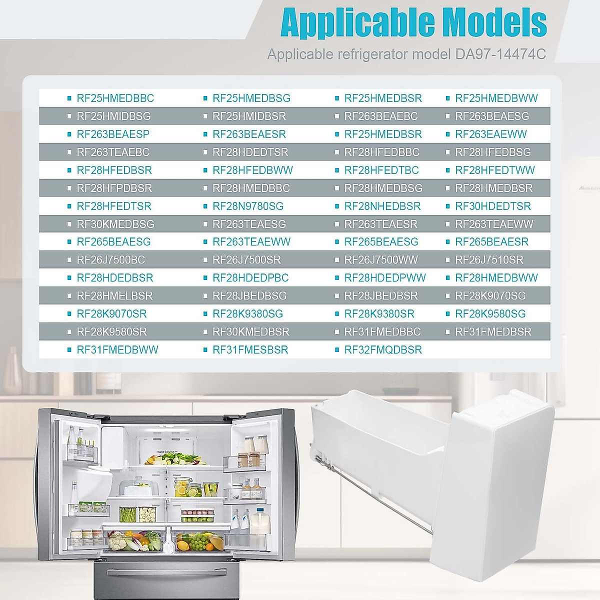 Upgraded DA97-14474C Refrigerator Ice Bucket, Suitable for Samsung Ice Maker Replacement Ice Bucket Container Parts DA97-14474A Ice Tray Assembly, RF28HMEDBSR RF263TEAESR Refrigerator Ice Maker