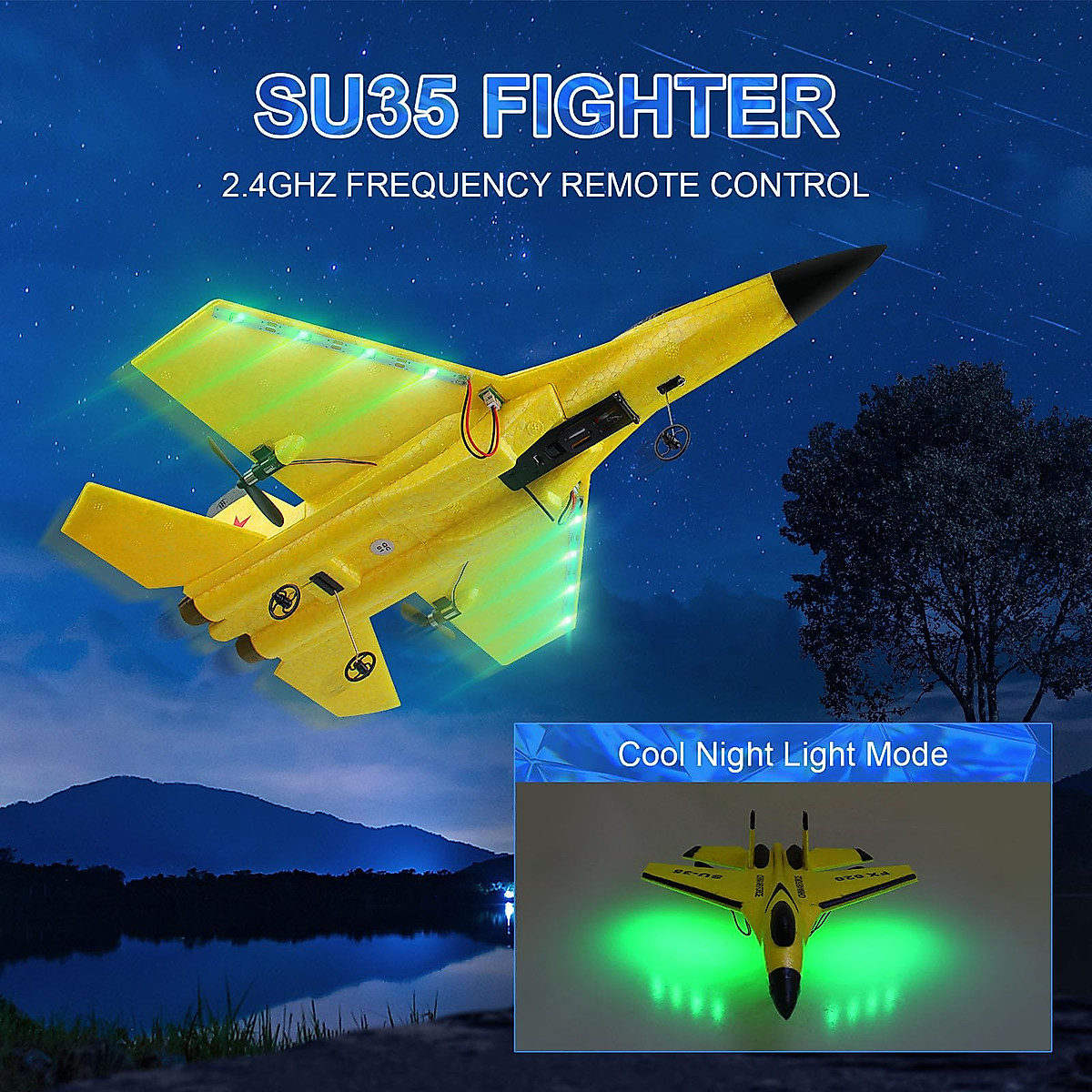 RC Airplane 2CH RC Plane Ready to Fly 2.4GHz Remote Control Plane SU35 RC Jet Easy to Fly Airplane Toys for Boys Gift for Kids Beginners with Night Lights USB Charging（Yellow