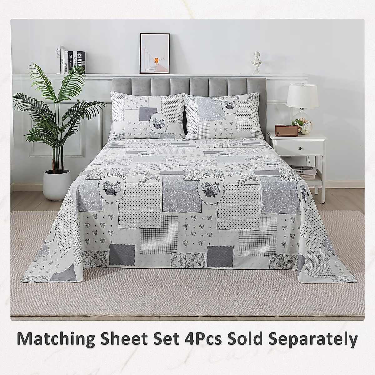 Lemfux 100% Cotton Floral Pattern Modern Theme Duvet Cover Set, Geometric Style Aesthetic White Soft Comforter Cover Set with Metal Zippers, Full Size, 3Pcs