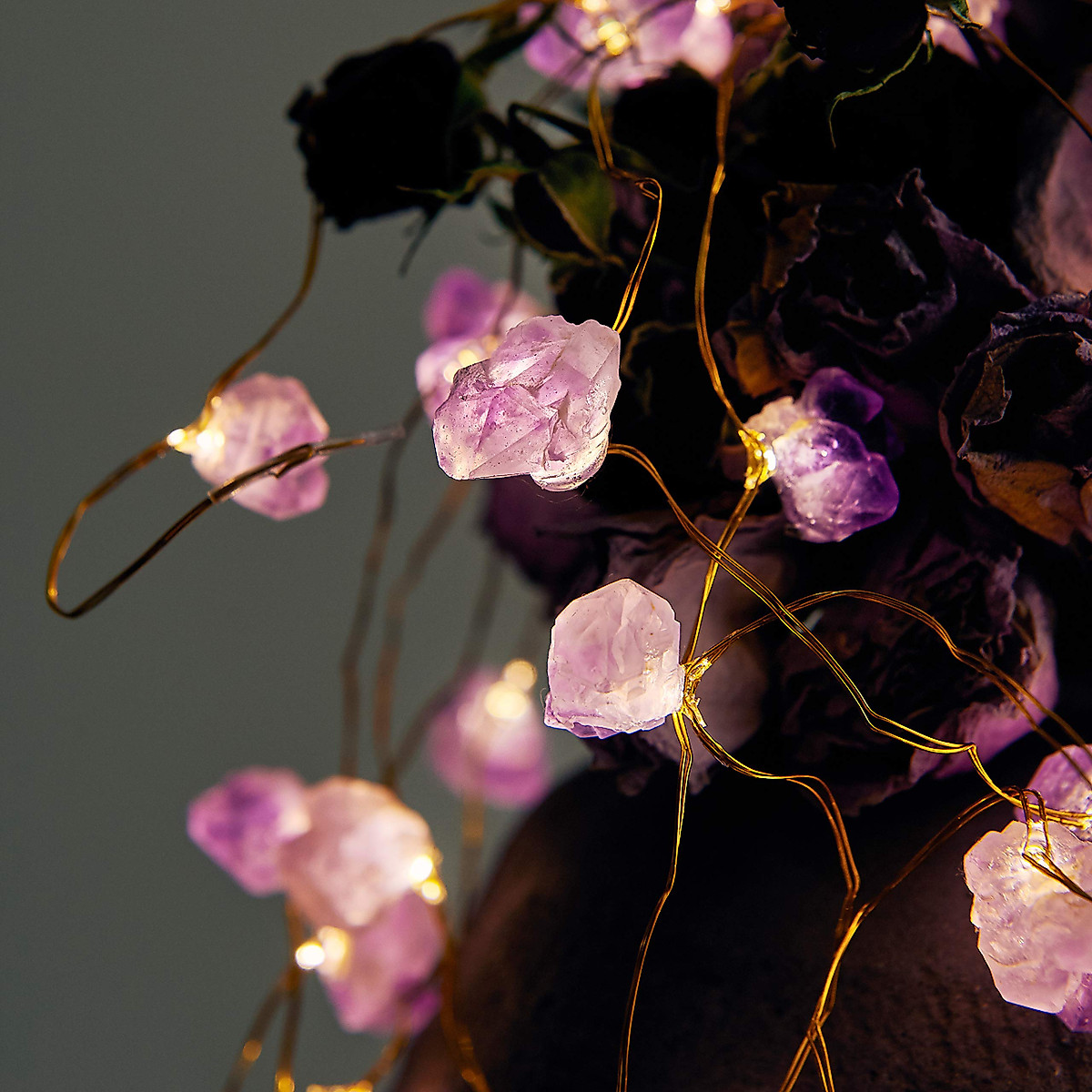 Nature Amethyst Crystal String Lights for Bedroom 10FT 40LEDs USB/Battery Operated Grape Crystal Light Pure Purple Fairy Lights Plug in for Natural Life Cute String Lights for Office