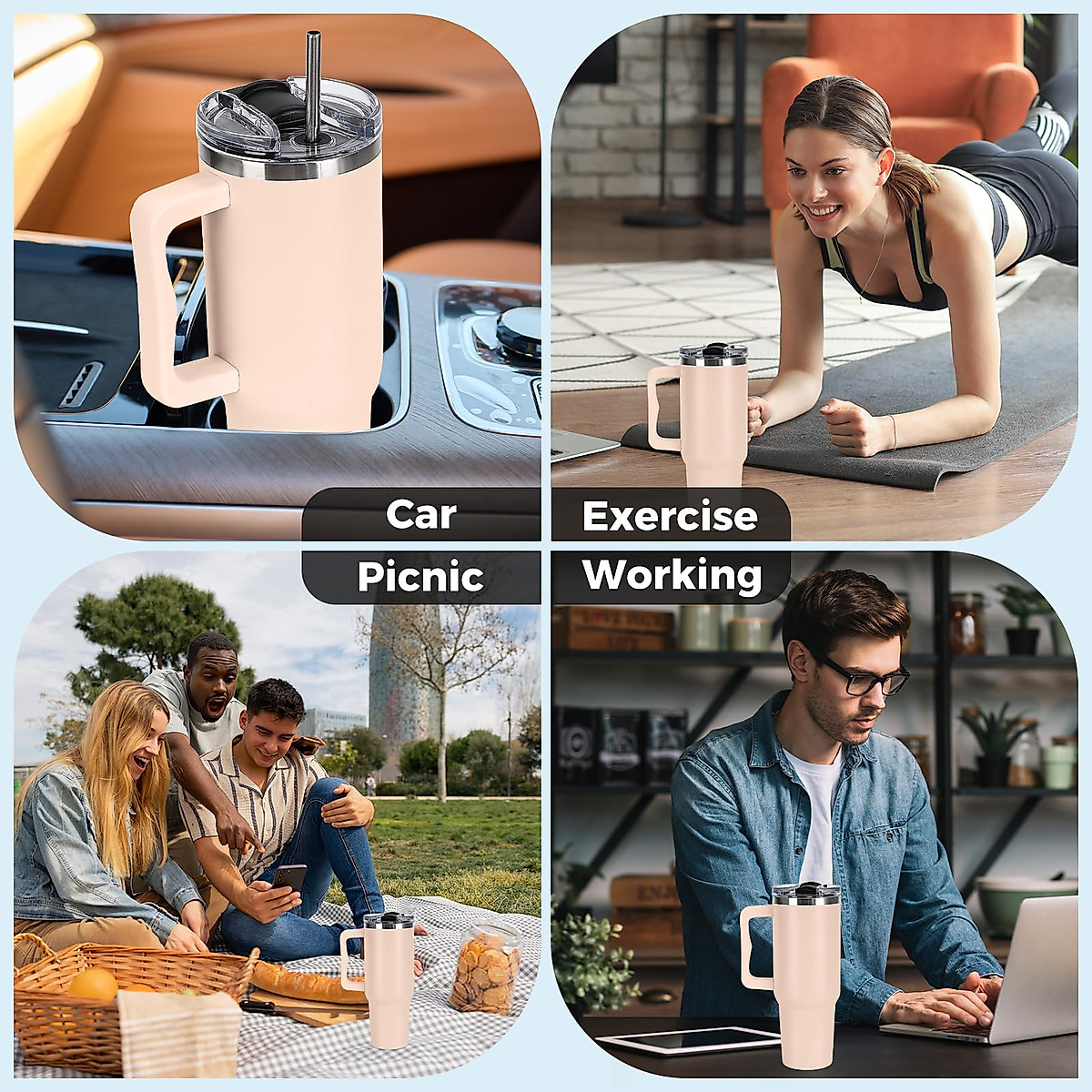 LATTPLYN 40 oz Tumbler with Handle and Straw Lid Insulated Cup Stainless Steel Water Bottle Travel Mug Gifts for Women Men Kids Trek Collection Thermoses Apricot