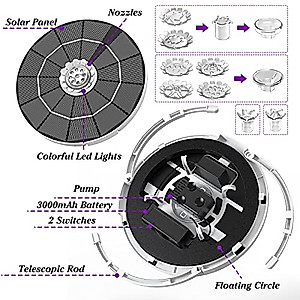 AMZtime Solar Fountain with Light, 5.5W LED Light Solar Birdbath Fountain, 3000mAh Battery & 8 Nozzles Solar Fountain Pump for Pond, Birdbath, Pool, Garden.