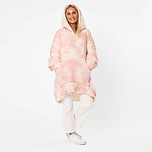Dreamscene Tie Dye Pastel Hooded Hoodie Blanket Oversized Pullover Soft Sherpa Fleece Comfy Wearable Blanket Throw Giant Sweatshirt for Girls Teens Women Adults, One Size - Blush Pink