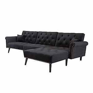 KoiHome Sectional Sofa Right Hand Facing Velvet Button Tufted, L Shape Chaise with Nail Head Detail, Modern 4 Seat Cushion & Wood Leg, 2 Pillows, Couch for Living Room,Office, Black